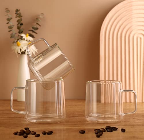 CNGLASS 10oz Glass Coffee Mugs,Double Wall Insulated Glass Mugs with Handle,Clear Espresso Mugs for Latte,Cappuccino,Tea Bag,Set of 2