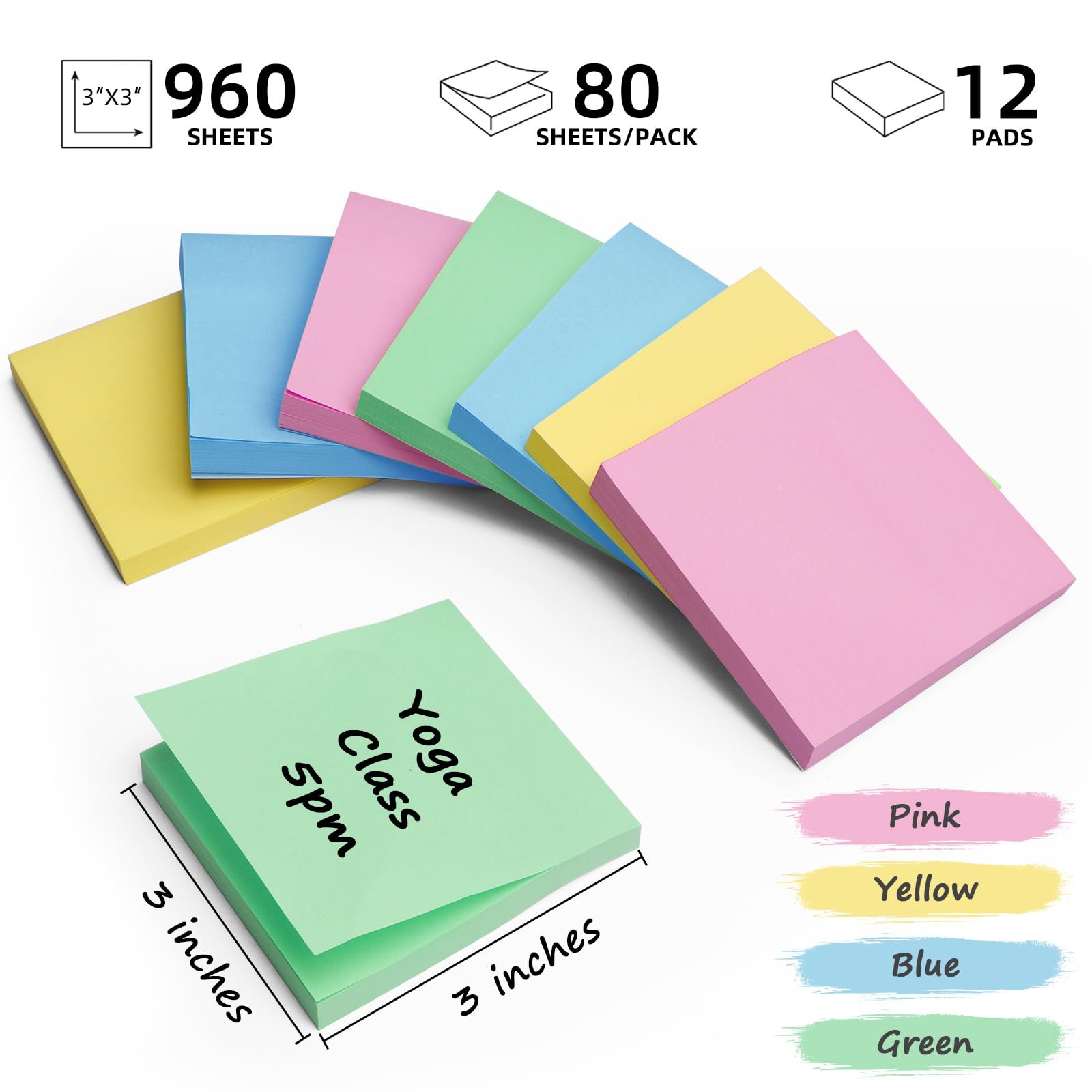 8 Packs Colored Sticky Notes, 3"x3" Self-Stick Pads with 640 Sheets in Total, 80 Sheets/Pack, Perfect for Office, Home, School, Meetings