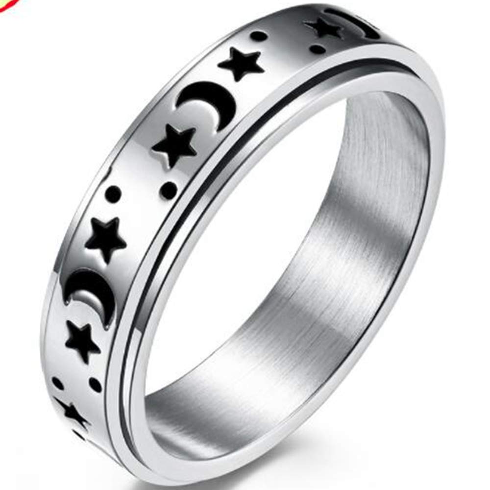7mm Stainless Steel Star Moon Pattern Rotating Spinner Wedding Band Statement Promise Ring (Silver, 6)