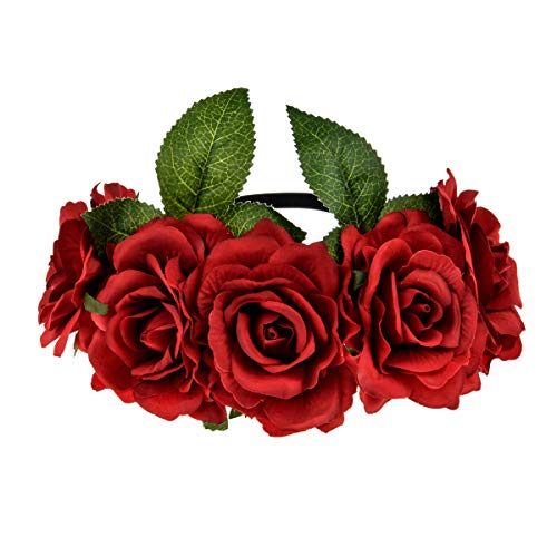 Accesyes Custom Mexican Flower Crown Day of the Dead Headpiece Hawaiian BOHO Frida Floral (Burgundy-HB)