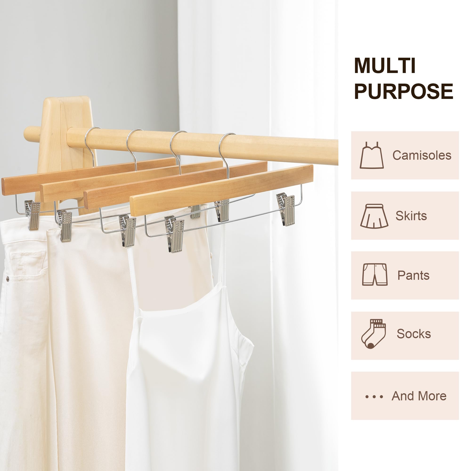 BAGAIL Wooden Pants Hangers with Adjustable Clips, 360°Swivel Hook Space Saving Skirt Holders with Anti-Rust Clips for Trousers, Jeans, Shorts (20Pack Natural)