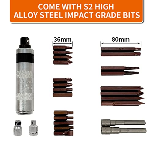 AKM Hand Manual Reversible Impact Driver Set Extractor-26 PCS Impact Screwdriver S2 Steel Hex Phillips Slotted Screwdriver Bits Much More Durable Disengage Rusted Fasteners or Frozen Bolts