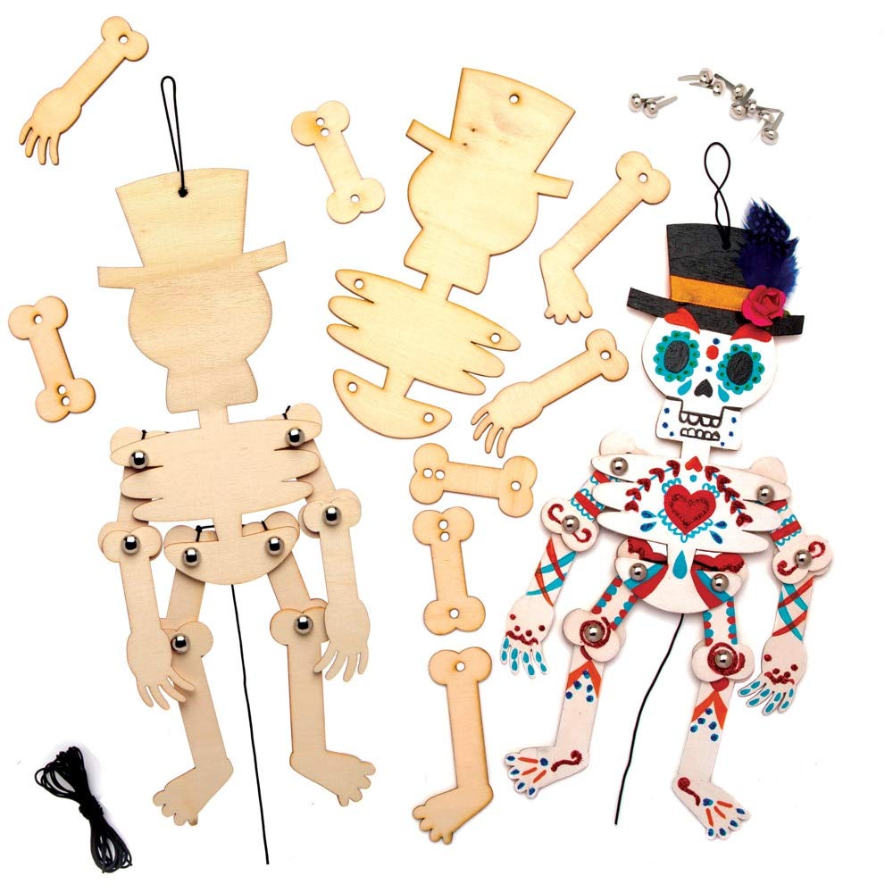 Baker Ross AT108 Wooden Skeleton Puppet Kit - Pack of 4, Wood Craft Kit for Kids Day of The Dead Arts Activities