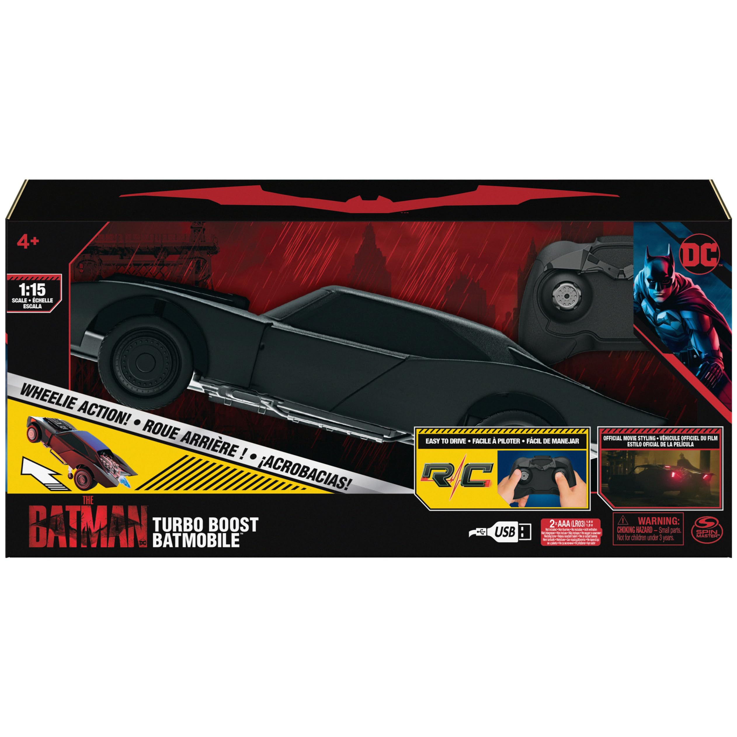 DC Comics, The Batman Turbo Boost Batmobile, Remote Control Car with Official Batman Movie Styling Kids Toys for Boys and Girls Ages 4 and Up