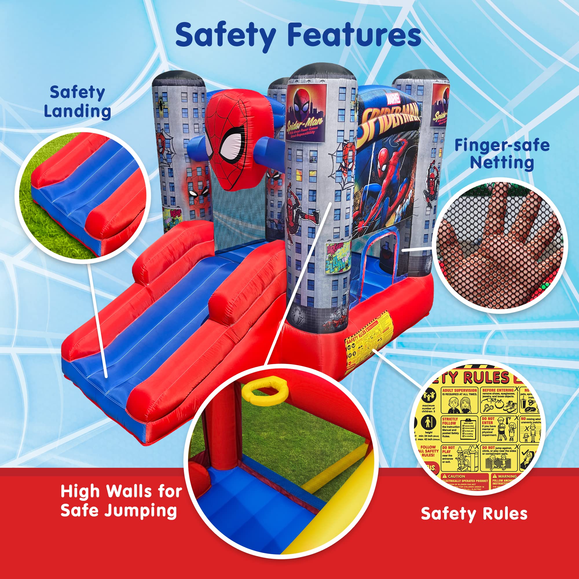 Funormous Marvel Spider-Man Bounce House with Slide, Kids Inflatable Spiderman Bouncy Castle Indoor Outdoor Plus Heavy Duty Air Blower