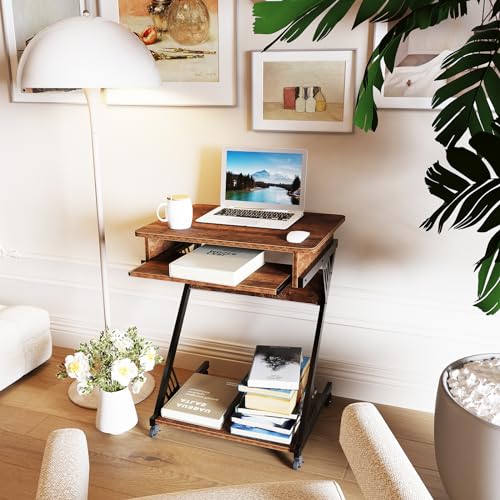 ALISENED Computer Desk for Small Spaces,23.6" Z-Shaped Compact Study Table with Smooth Keyboard Tray,with Wheels and Bottom Shelves for Home Office,Computer Cart Mobile Laptop Cart