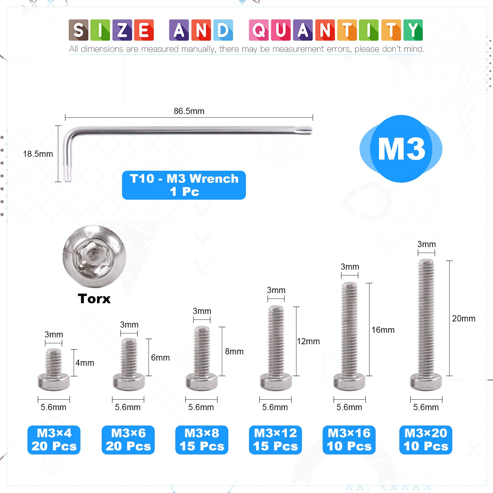 Glarks 91Pcs M3 x 6mm 8mm 12mm 16mm 20mm Pan Head Torx Security Screws 304 Stainless Steel Tamper Resistant Screws Assortment Set