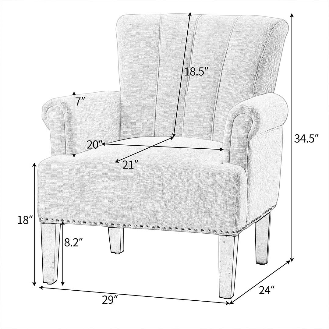 Accent Chair with Rivet Tufted Scroll Arm, Tufted Polyester Upholstery, Wood Legs, Cream for Bedroom and Living Room