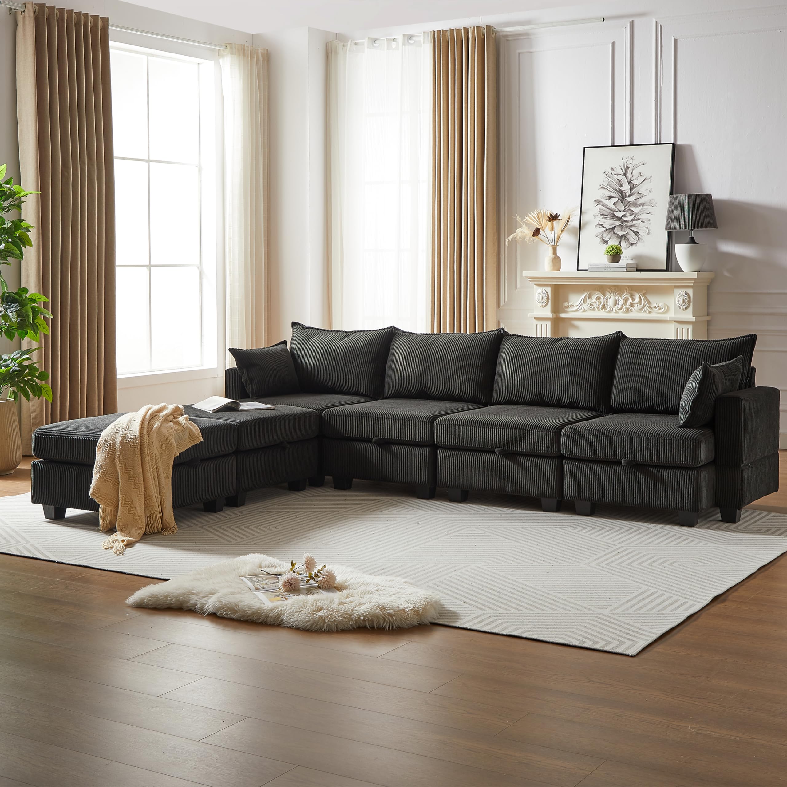 amervanito 113.5''Modern Modular Sectional Sofa, Large U-Shape Sectional Sofa Couch with Storage Seat, 6 Seats Convertible Sofa Bed with Reversible Chaise for Living Room (Black), wf035