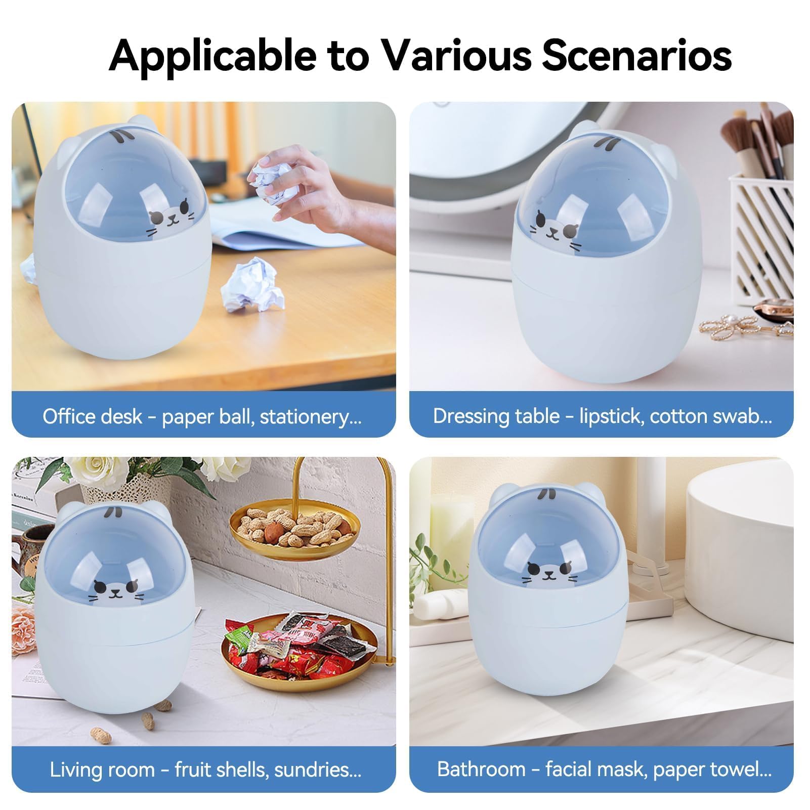 Cute Mini Desktop Trash Can, Cartoon Cat Animal Shape Waste Paper Bin with Swing Lid Mini Countertop Trash Can Small Garbage Can(Blue)