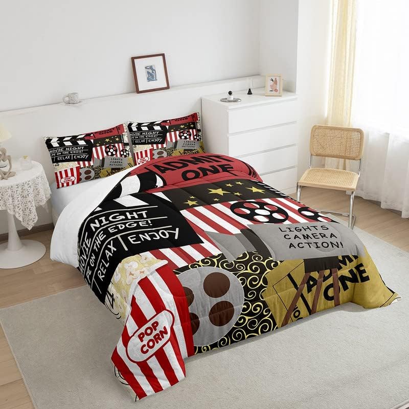Popcorn Print Comforter Movie Theater Comforter Set Cinema Poster Design Bedding Set for Kids Boys Girls Rustic Wooden Duvet Set Full Size with 2 Pillow Case Boys
