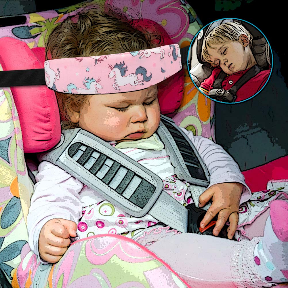 Accmor Baby Carseat Head Support Band Strap 2 Pack for Carseats Stroller Neck Relief Head Strap for Toddler Child Kids Infant(Pink Unicorn + Pink Cloud Pattern)