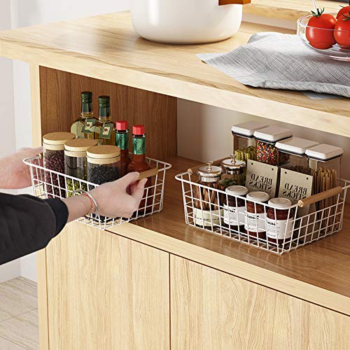 LeleCAT Wire White Baskets with Handles Wire Storage Organizer Baskets For Kitchen, Household Refrigerator for Cabinets, Pantry, Closets, Bedrooms - Set of 4(White)
