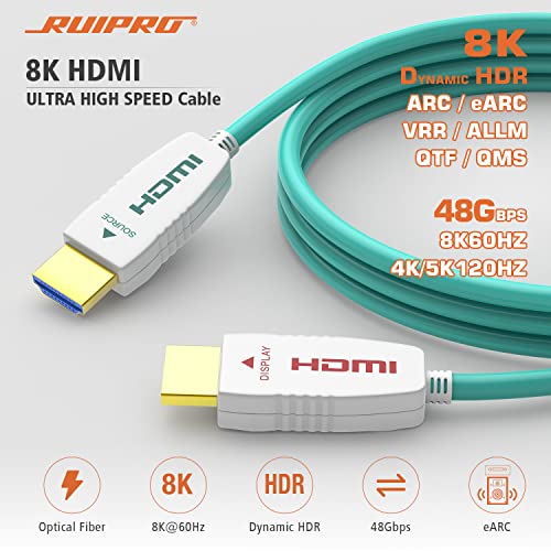 RUIPRO 8K Fiber Optic HDMI Cable 50 Feet 48Gbps 8K60Hz 4K120Hz Dynamic HDR eARC HDCP2.2/2.3 for RTX4080/4090/3080/3090, Xbox S/X, PS5/4, AVR, Projector, LG/Samsung/Sony TV