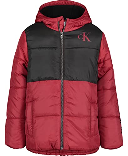Calvin Klein Boys' Heavyweight Hooded Bubble Jacket with Polar Fleece Lining, Red Carpet, 5