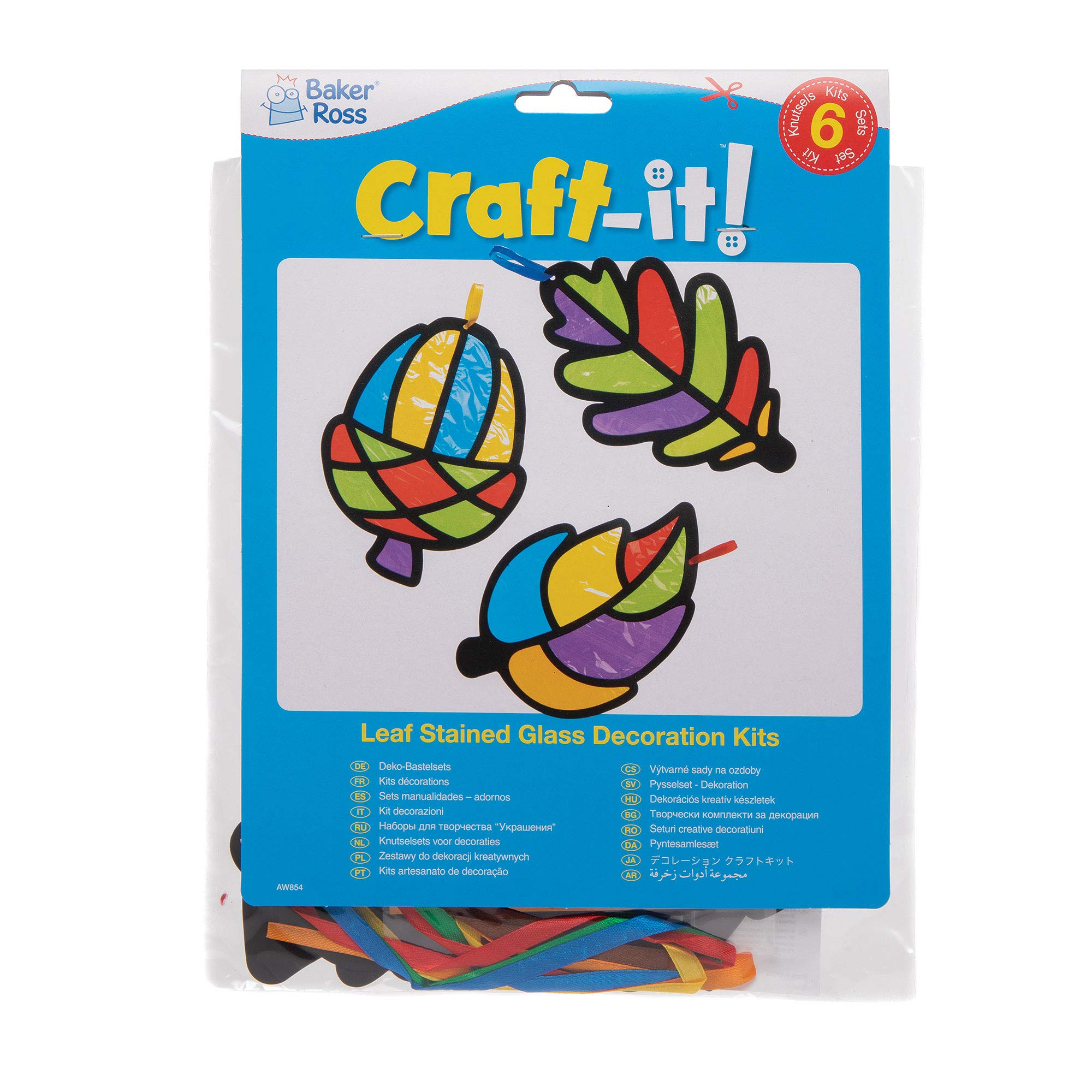 Baker Ross AW854 Leaf Stained Glass Ornament Kits - Pack Of 6, Fall And Winter Arts And Crafts, Kids Fall Craft Kits