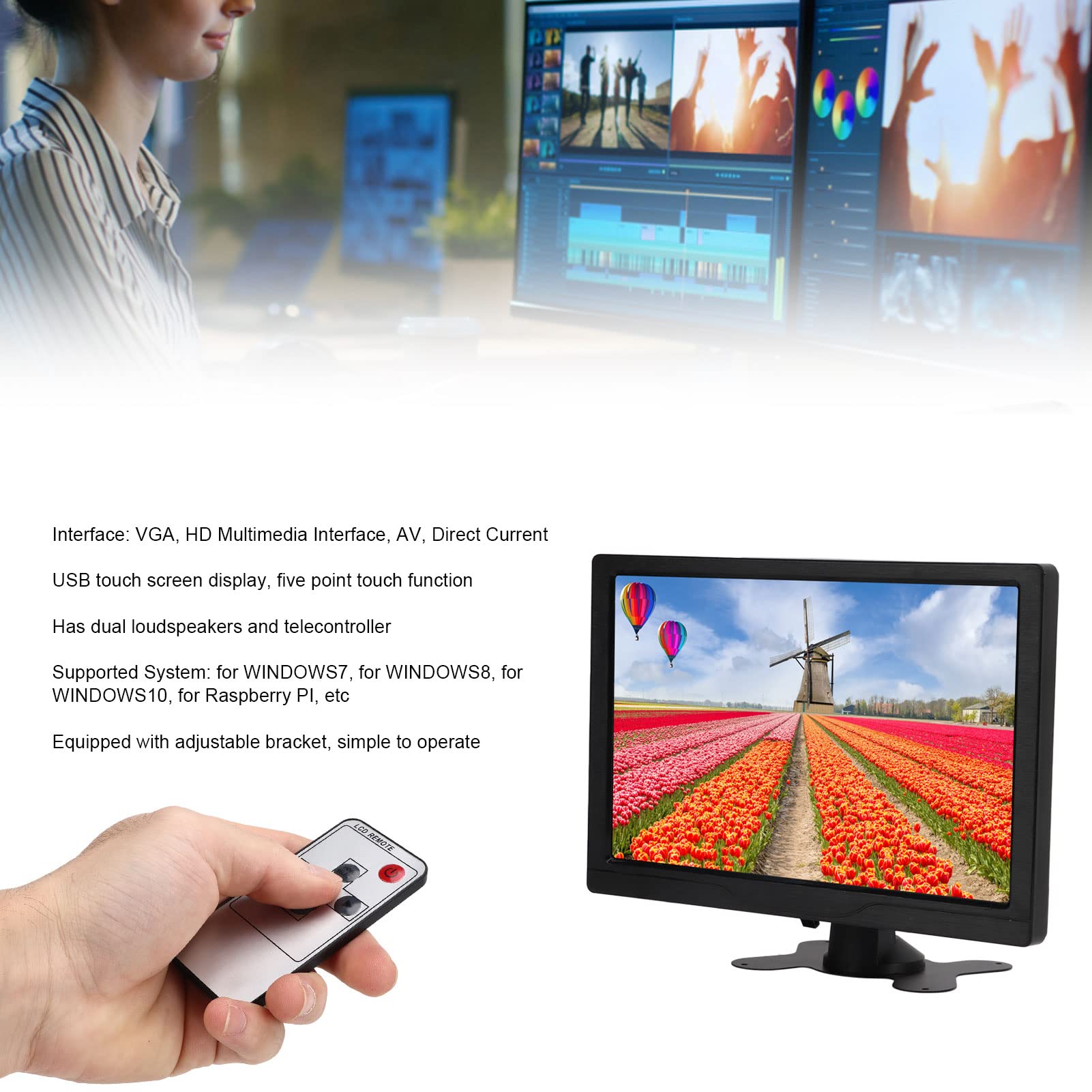 AMONIDA 10.1 Inch Monitor Adjustable Stand MultiInterface HD Display Dual Speakers for Office (US Plug)