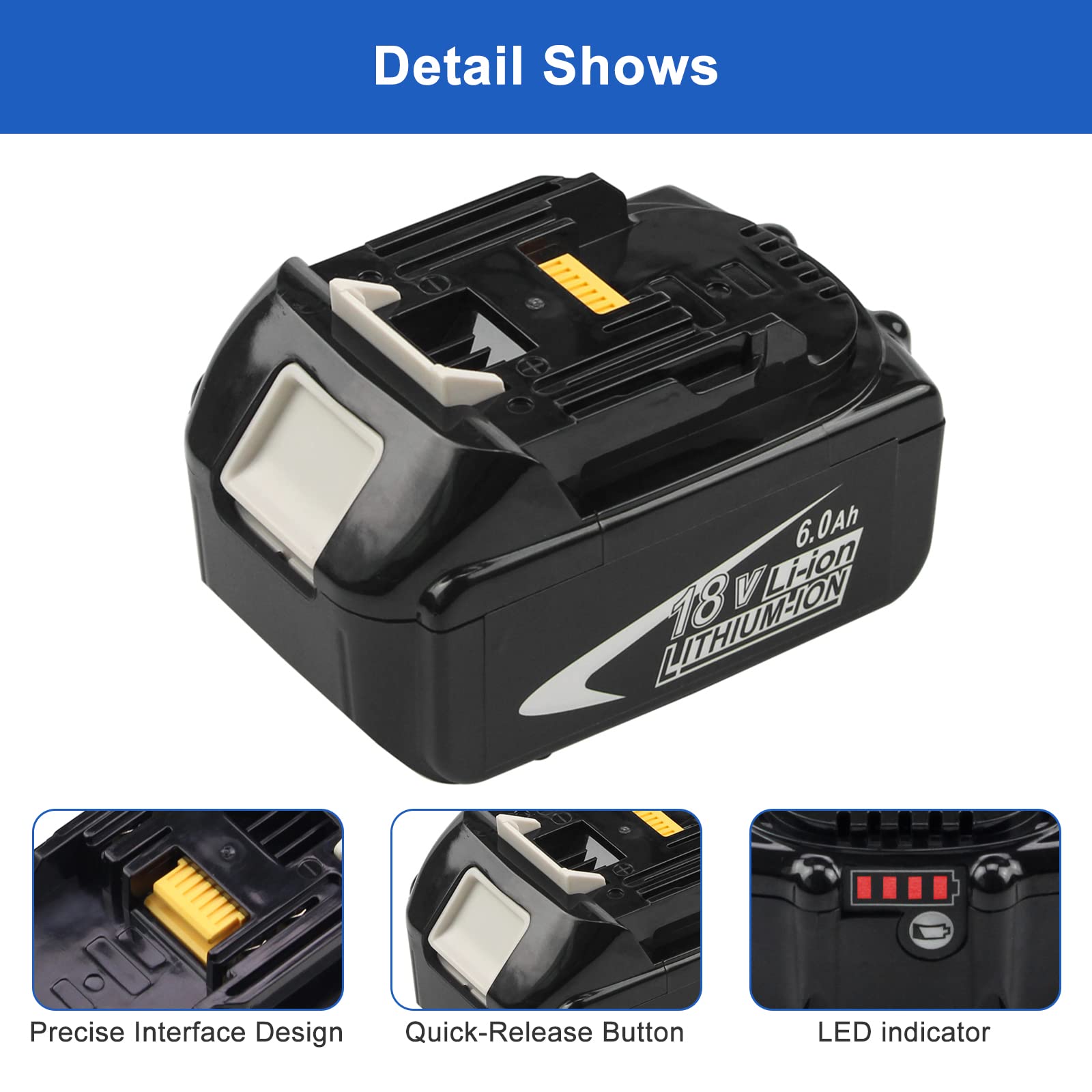6.0Ah BL1860B Replacement Battery Compatible with Makita 18V Battery BL1860B-2 BL1860 BL1850 BL1840 BL1830 LXT-400 Cordless Power Tools with LED Indicator