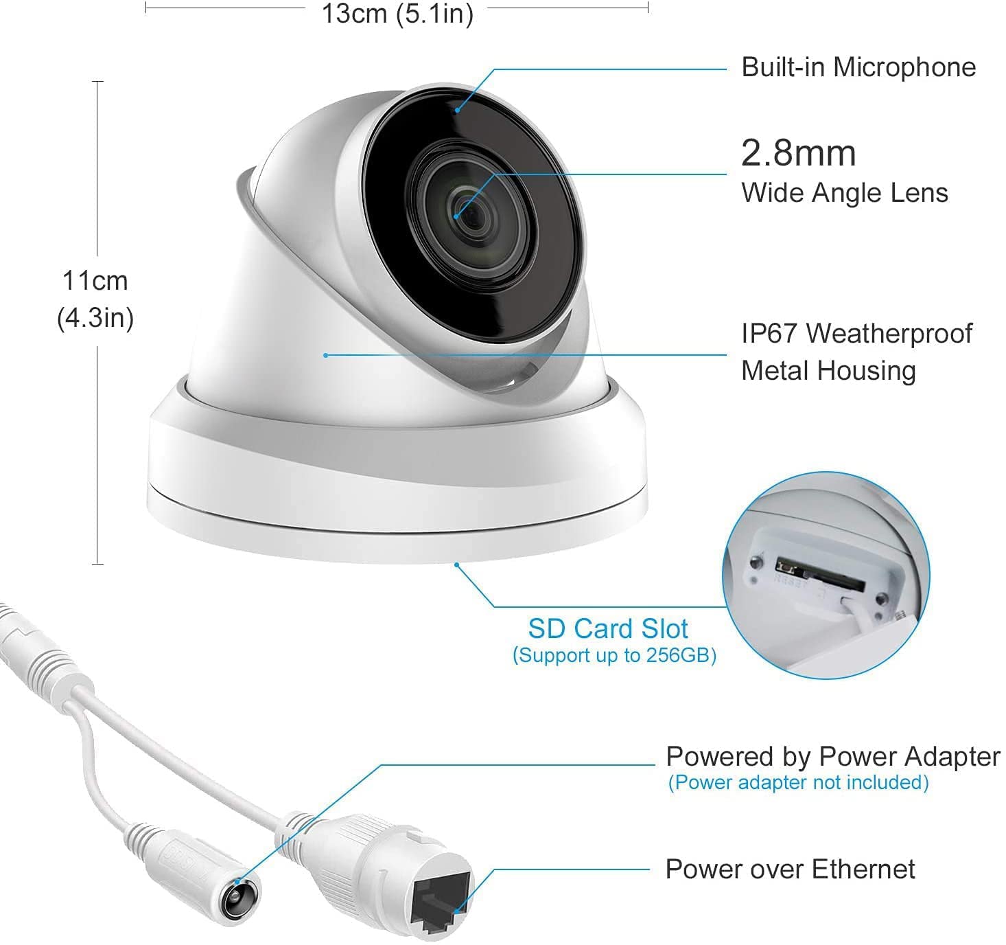 Anpviz 5MP Security IP Dome PoE Camera with Mic/Audio, 5.3MP (3072 * 1728) Turret Outdoor Camera, 98ft NightVision, 2.8mm Lens, IP67 Weatherproof, SD Recording (256GB), White (IPC-D353W-S)