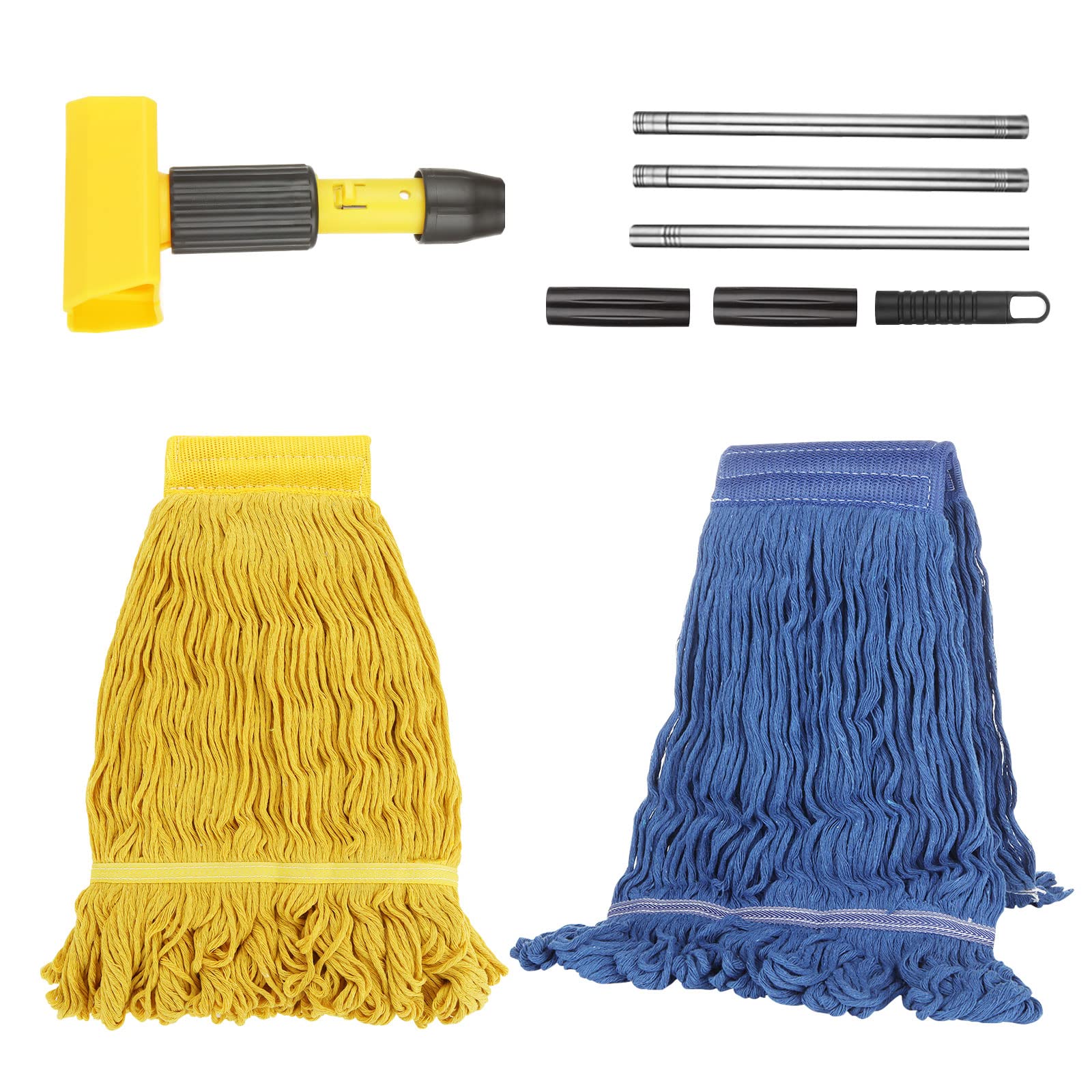 Commercial Mop, Commercial Mop Handle with 2Pcs Commercial Mop Head, Looped-End String Industrial Mop Heavy Duty Mop for Floor Cleaning, Blue/Yellow