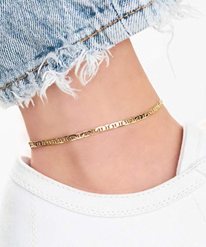 Barzel Womens Gold Anklet Flat Mariner 18K Gold Plated Flat Marina Link Anklet for Women - Made In Brazil (10.00)