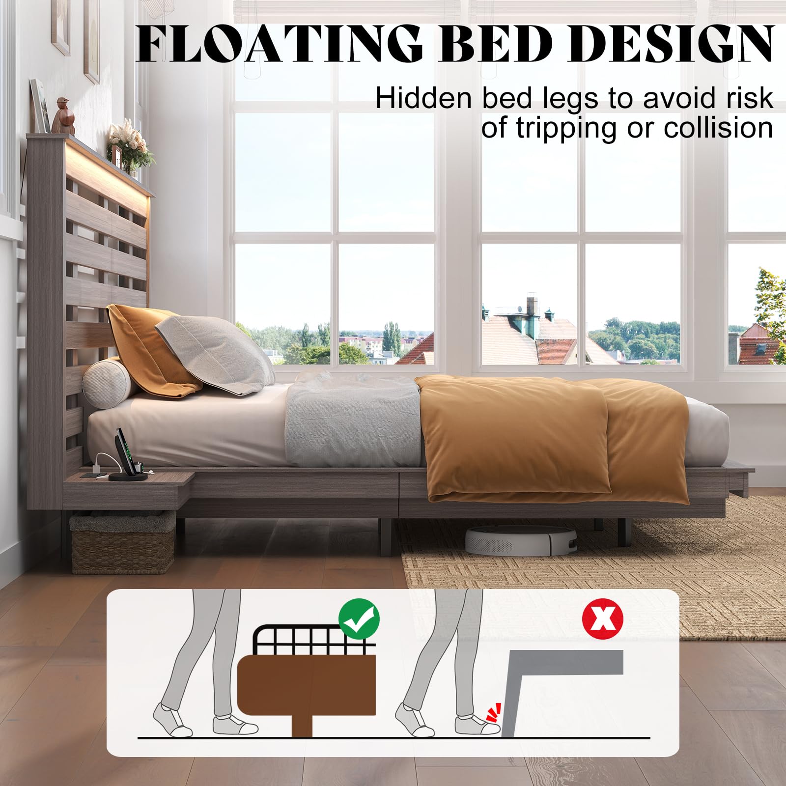 AMERLIFE Farmhouse Queen Floating Bed Frame with 96" Extended Headboard & Bedside Storage Shelf, Wood Platform Bed with LED Lights & Charging Station, No Box Spring Needed/Noise Free Taupe