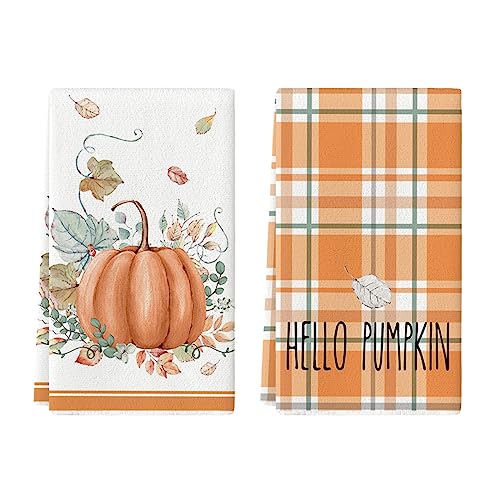 Artoid Mode Orange Watercolor Stripes Hello Pumpkin Fall Kitchen Towels Dish Towels, 18x26 Inch Seasonal Leaves Decoration Hand Towels Set of 2