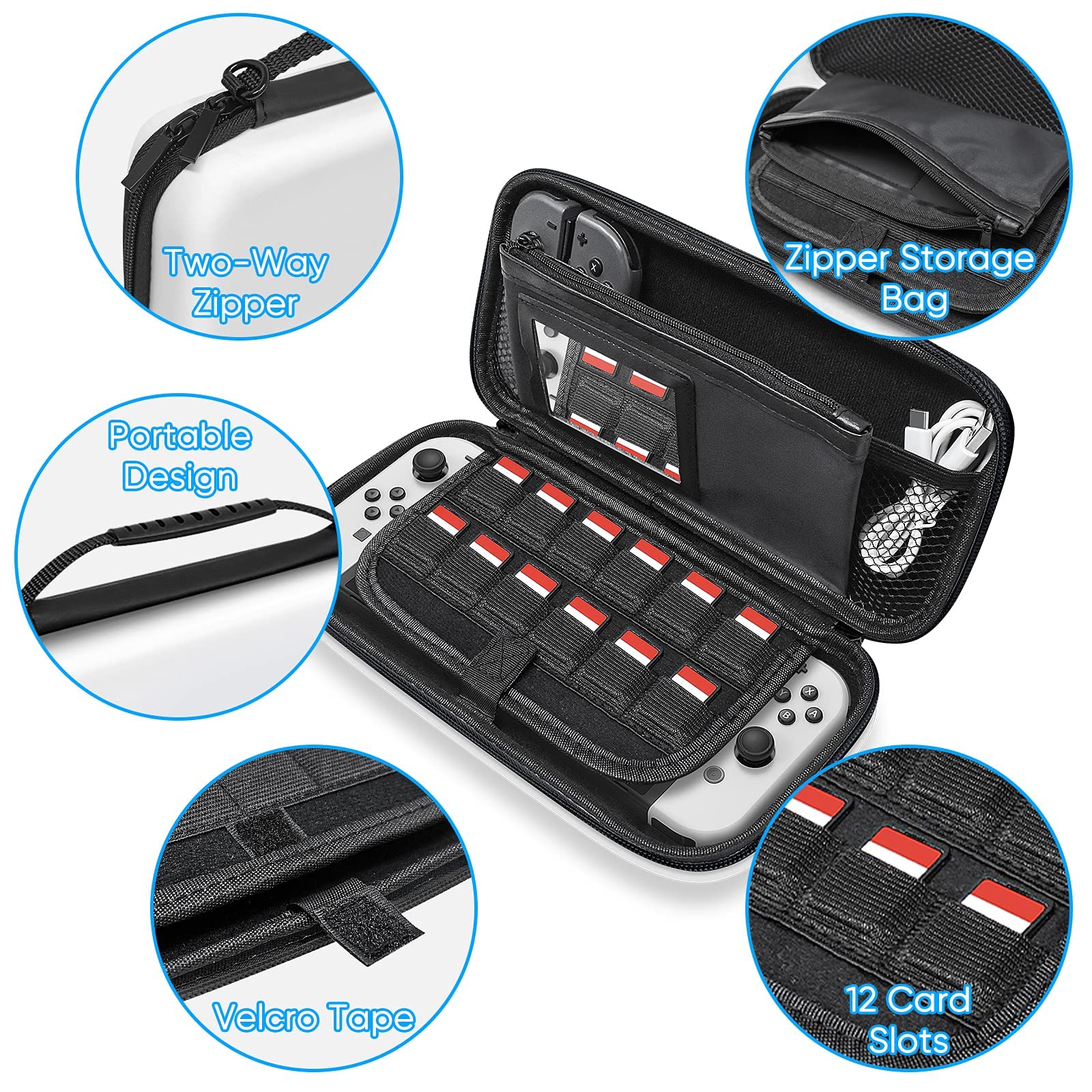 Accessories Bundle for Nintendo Switch OLED Model,Carrying Case with Card Slots,PC Protector Case for Console,TPU Cover for Joy Con,Tempered Glass,Joystick Cap,Console Playstand for OLED (White)