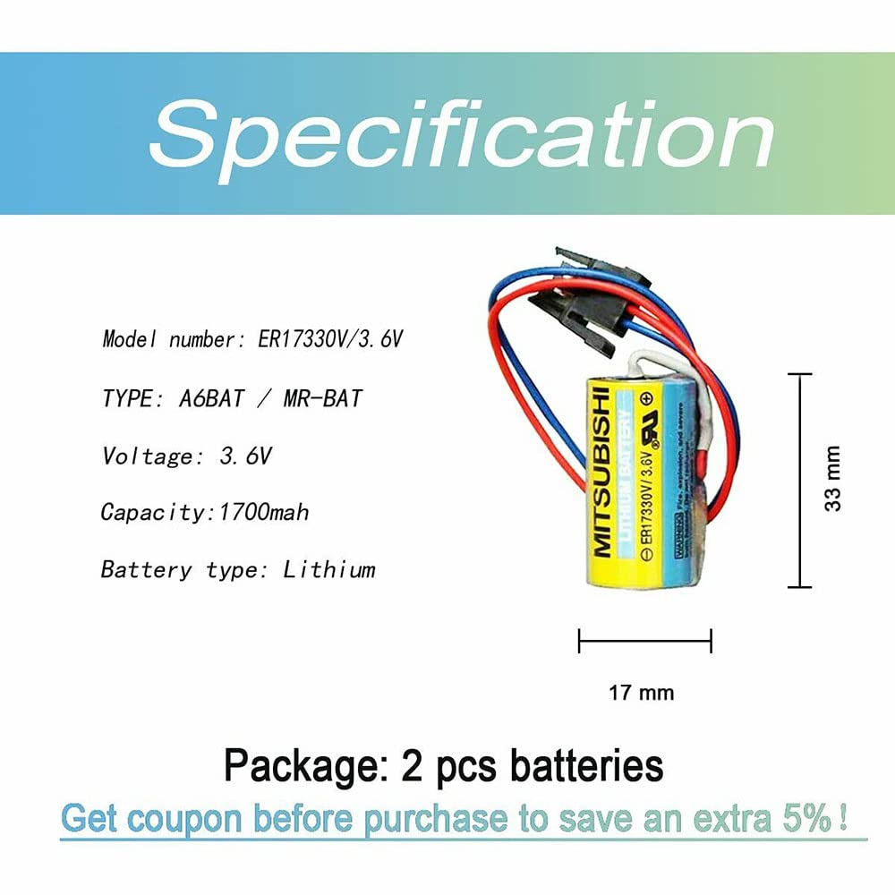 BAOBUTE 5PCS MR-BAT ER17330V 3.6V 1700mAh PLC Replacement Battery with Plug Non-Rechargeable for A6BAT FANUC CNC System Power, 17*35mm