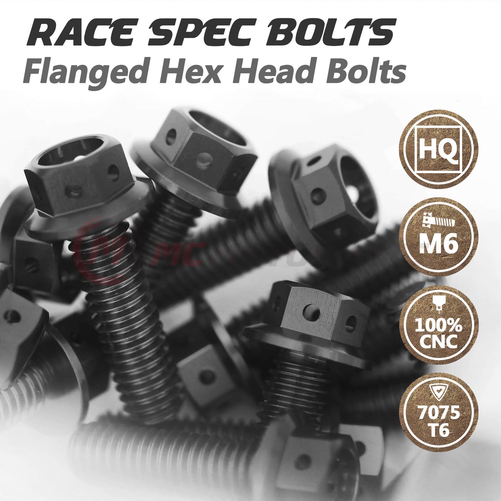 MC MOTOPARTS Pre-drilled CNC Race Spec Bolts M6 x 30mm Flanged HEX Head Screws 5 pcs (Black)