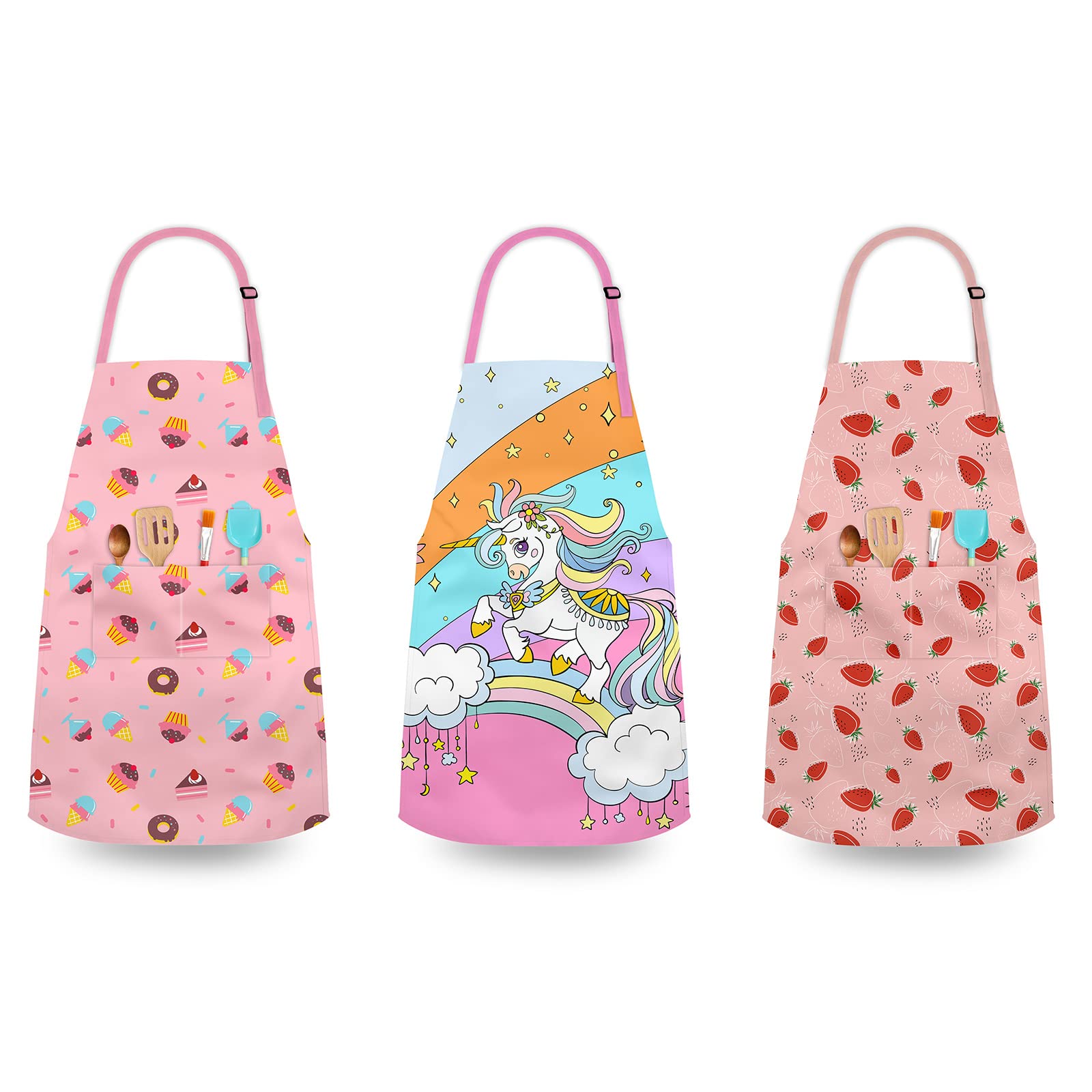 DEABOLAR Kids Aprons for Girls Toddler Donut Aprons with Pockets for Kids Cooking Baking Painting Crafting Art Gardening Adjustable, Machine Washable
