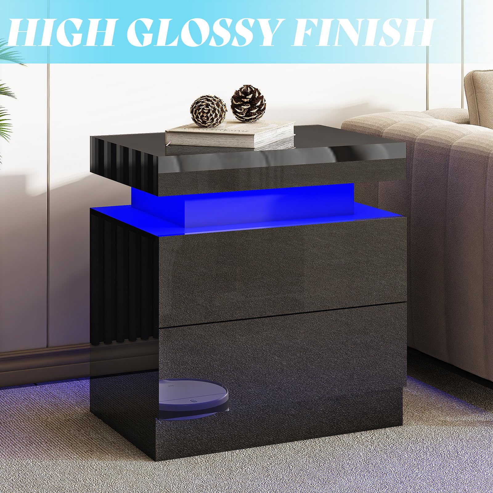AMERLIFE High Gloss LED Nightstand Set of 2 with Charging Station, Modern Bedside Table Night Stand with LED Lights, Sofa End Side Tables with Drawers for Bedroom, Black