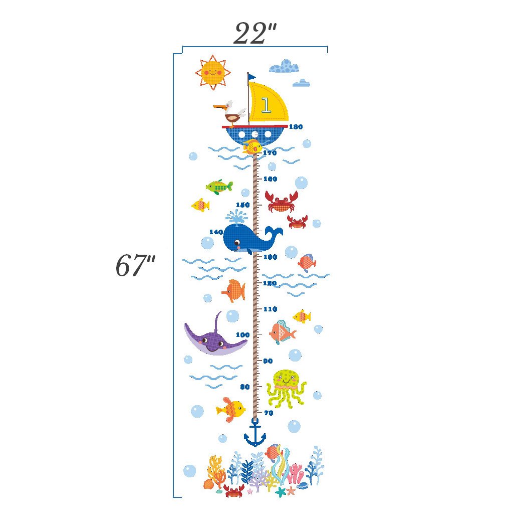 Wland 22 inches x 67 inches Undersea Fish Whale Octopus Crab Growth Chart Removable Vinyl Wall Decals Stickers for Children Room Nursery