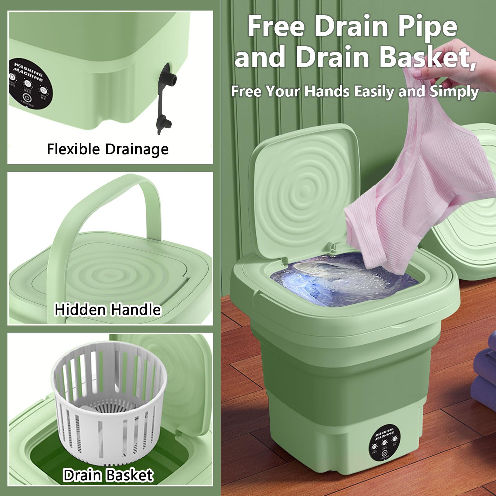 8L Portable Washing Machine, Foldable Mini Small Washing Machine for Socks, Underwear or Small Items for Apartment, Dorm, Camping, RV Travel laundry Green