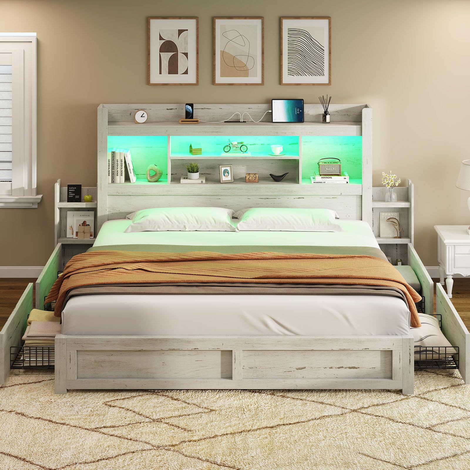 AMERLIFE King Size Bed Frame with 4 Storage Drawers, LED Bed Frame with 49.6" Tall Bookcase Headboard, Wood Platform Bed with Charging Station & 2 Slide Bedside Shelf, No Box Spring Needed/Black