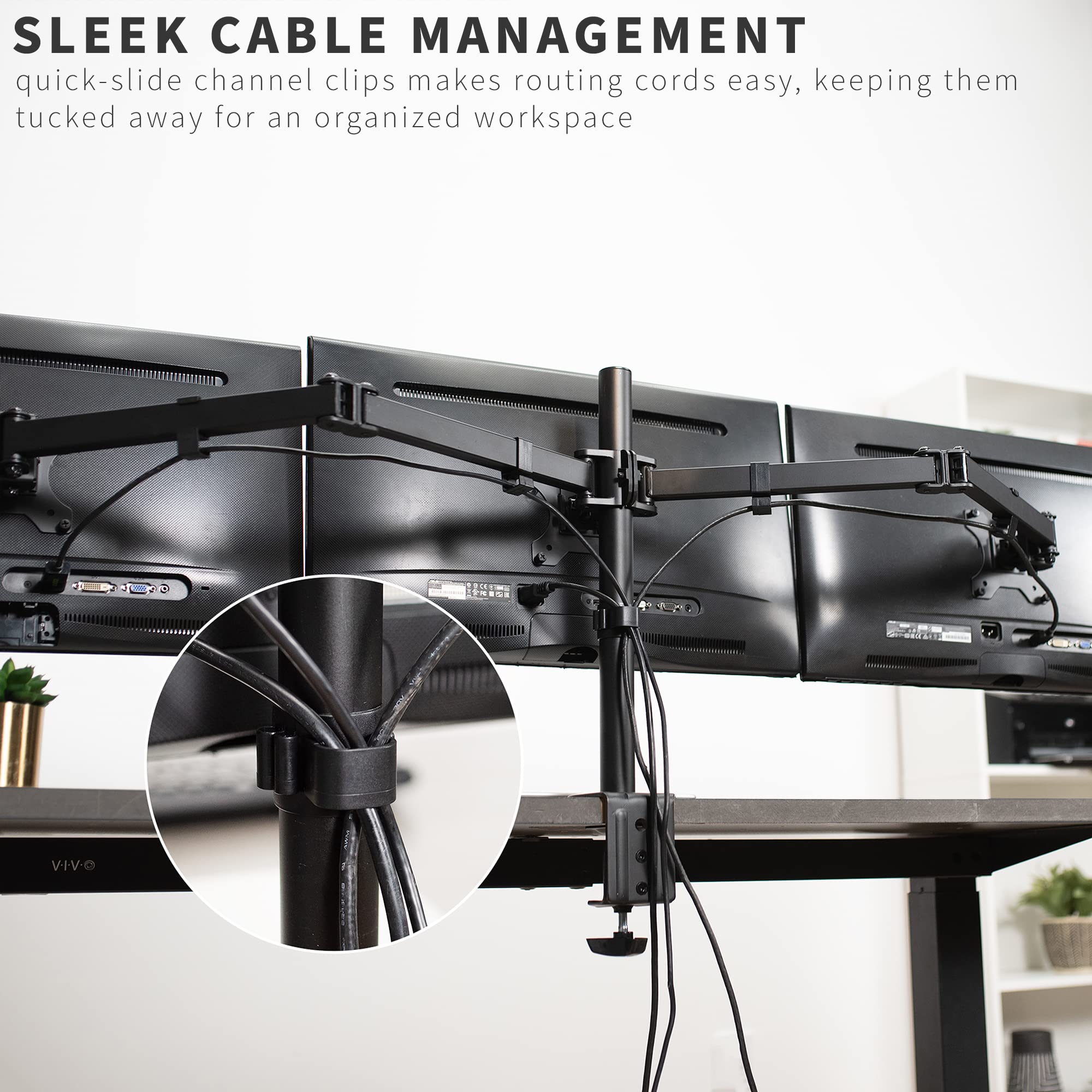 VIVO Triple Monitor Adjustable Desk Mount, Articulating Tri Stand, Holds 3 Screens up to 24 inches, Black, STAND-V003Y