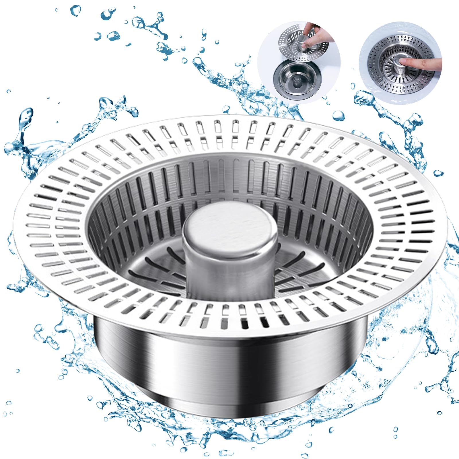 AAEJE【2024 New Upgrade】 3 in 1 Kitchen Sink Drain Strainer,Stainless Steel Pop Up Sink Drain Strainer,Kitchen Sink Stopper for US Standard 3-1/2" Drain