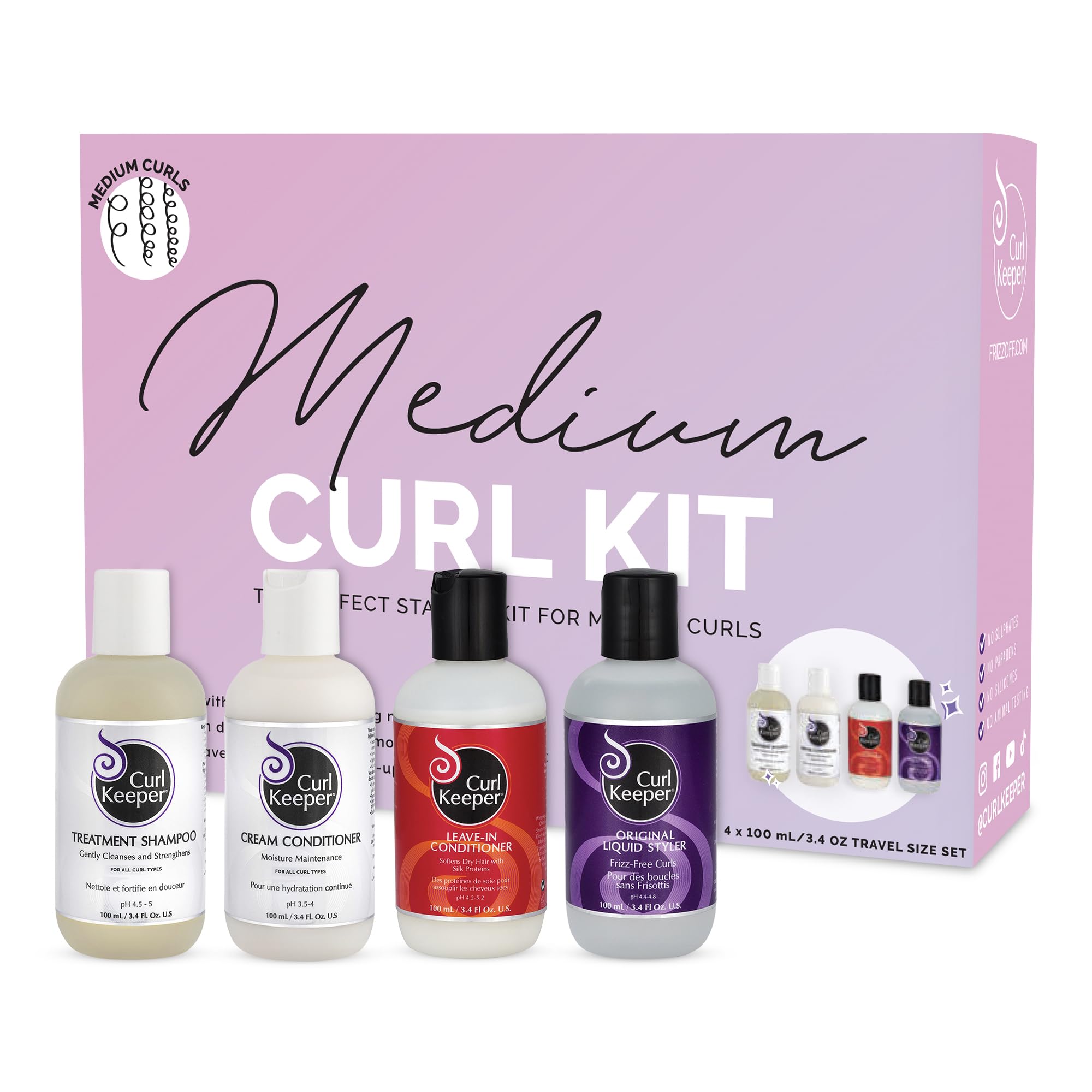 Curl Keeper Medium Curl Starter Kit for Curly Hair - Travel Size Set Includes Original Liquid Styler, Treatment Shampoo, Cream Conditioner & Leave-In Conditioner - Maximum Definition Shine & Moisture
