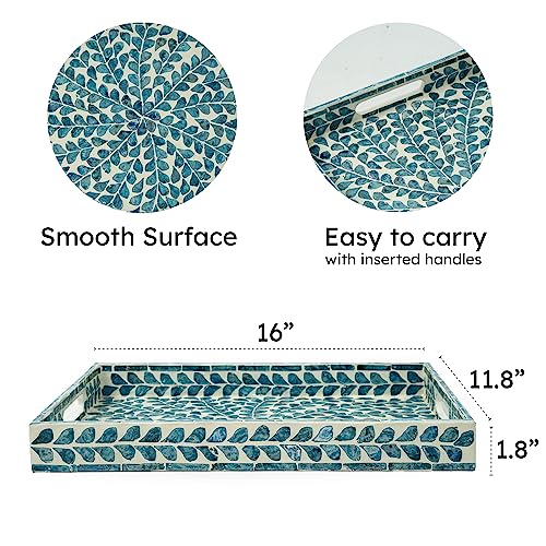 CLAYNIX Serving Tray 15.7" X11.8", Lacquer Mother of Pearl Inlay Mosaic Tray, Rectangle Wooden Marble Tray with Handles Trays for Tea, Breakfast in Bed, Table (Blue)