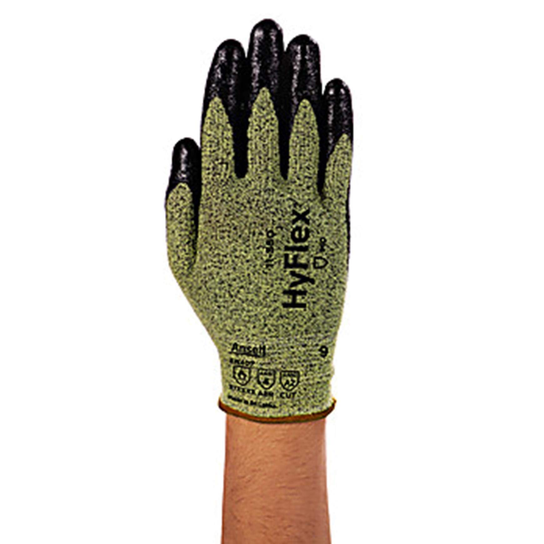 Ansell 11550070 HyFlex Medium Duty Cut-Protection Glove, Palm Coated, Nitrile Coating, Knitwrist, 15 Gauge, Black/Heather Green, Size 7 (Pack of 144)
