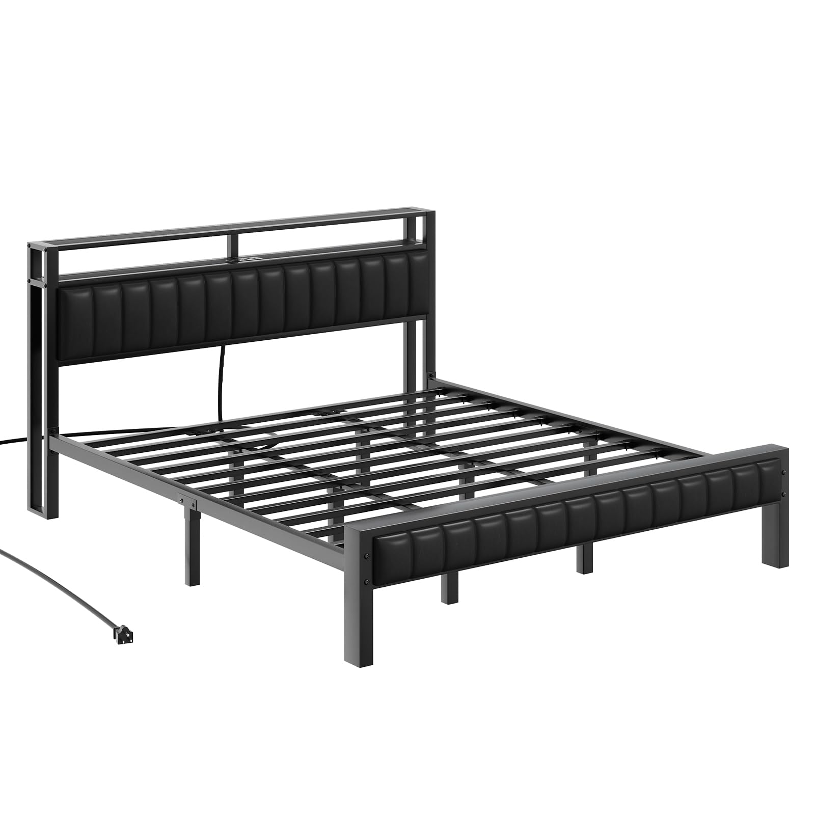 AMERLIFE King Size Platform Bed Frame, LED Bed Frame with PU Leather & Charging Station, 2-Tier Storage Headboard/No Box Spring Needed/Noise Free, Black