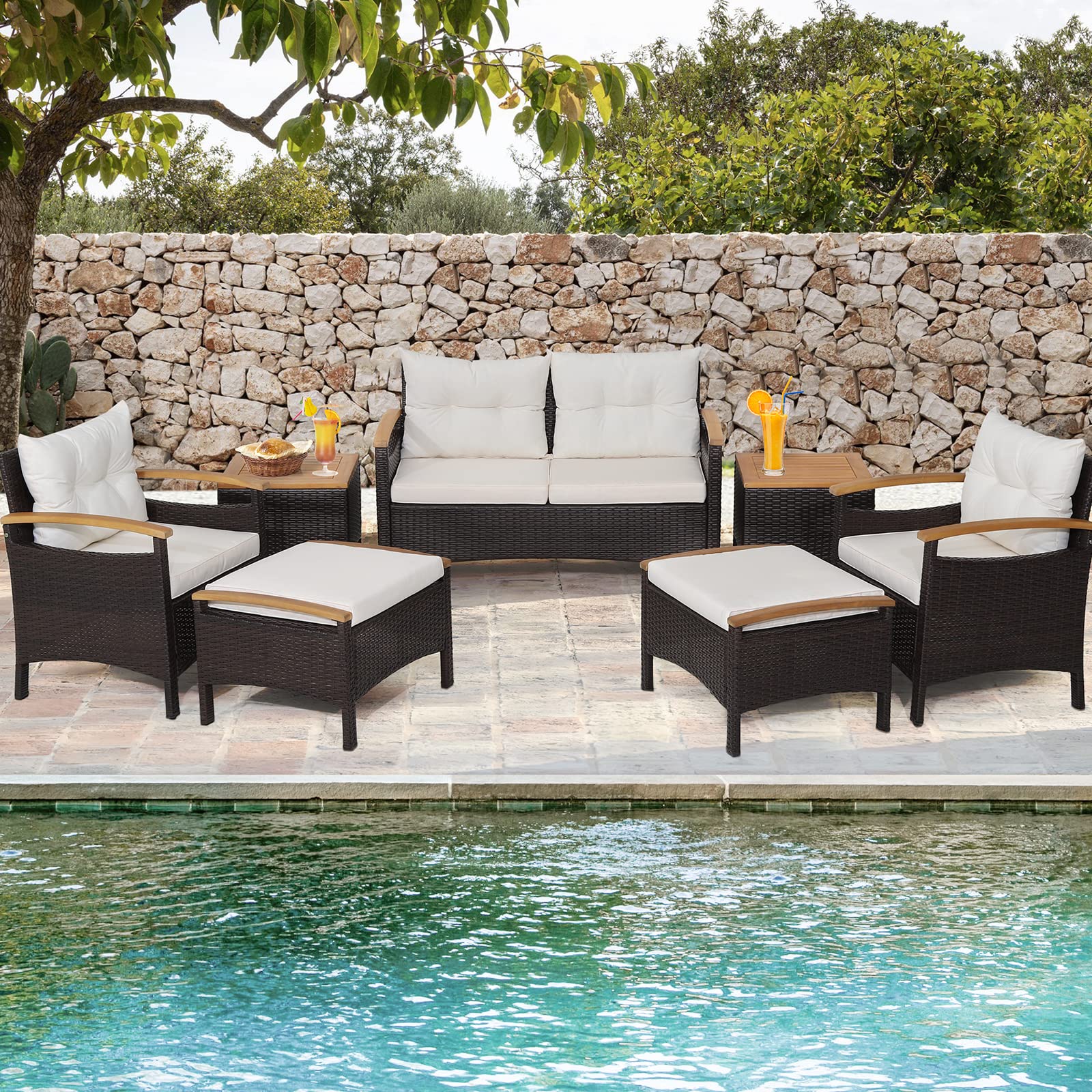 Tangkula 7 Pieces Patio Rattan Sofa Set, Outdoor Wicker Conversation Set w/Seat & Back Cushions, 2 Ottomans & 2 Coffee Tables, Acacia Wood Tabletop & Armrests, Wicker Sofa Set for Backyard, Poolside