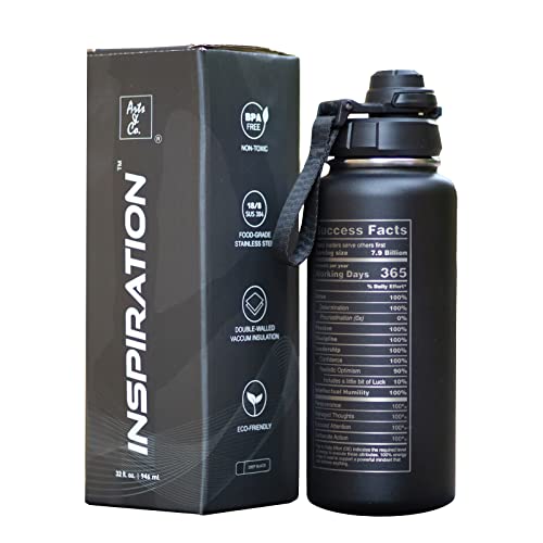 ARTS & CO. Success Facts Vacuum Insulated Stainless Steel Wide Mouth Leakproof Inspiration Sports Water Bottle 32 oz. (Deep Black)