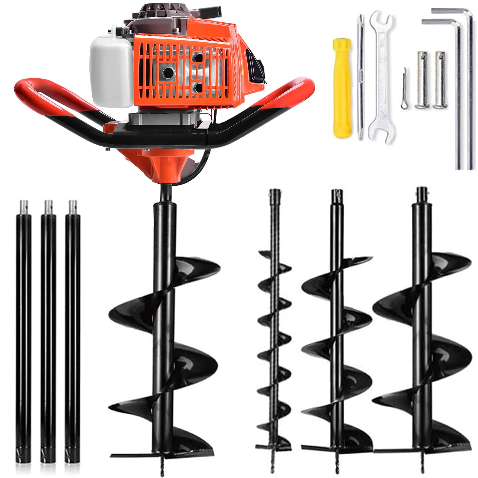 72cc Post Hole Auger 3KW 2 Stroke Post Hole Digger Gas Powered Earth Auger with 3 Replacement Auger Drill Bits(4", 8", 12") and 3 Extension Rods for Farm Garden Plant