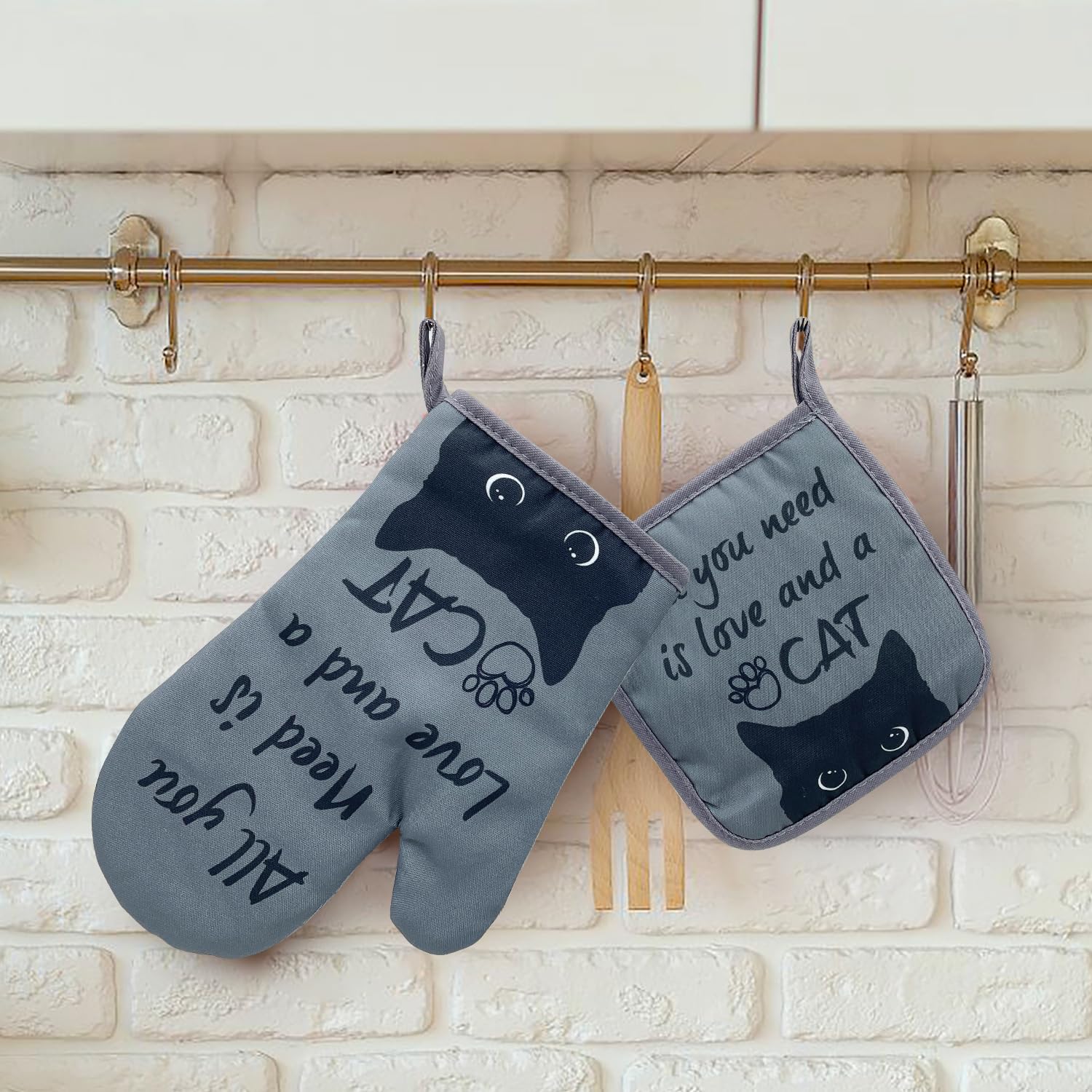 All You Need is Love and A Cat,Oven Mitts and Pot Holders Sets of 2,Funny Oven Mitt,Friend Birthday Gift,Cat Lover Gift,Birthday Gift for Cat Owner,Cat Lover, Cat Mom