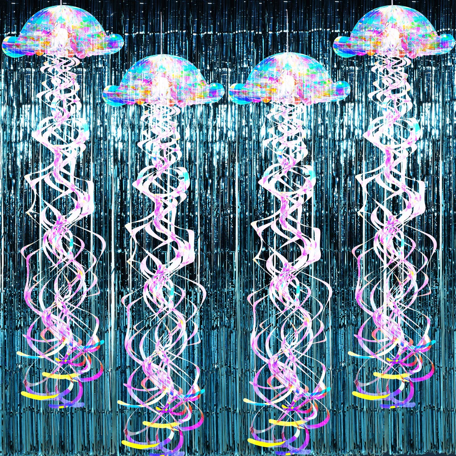6 Pcs Under Sea Mermaid Party Decoration, Include Glitter Iridescent Jellyfish Decor, Light Blue Metallic Tinsel Foil Fringe Curtains Backdrop for Ocean Theme Birthday Party