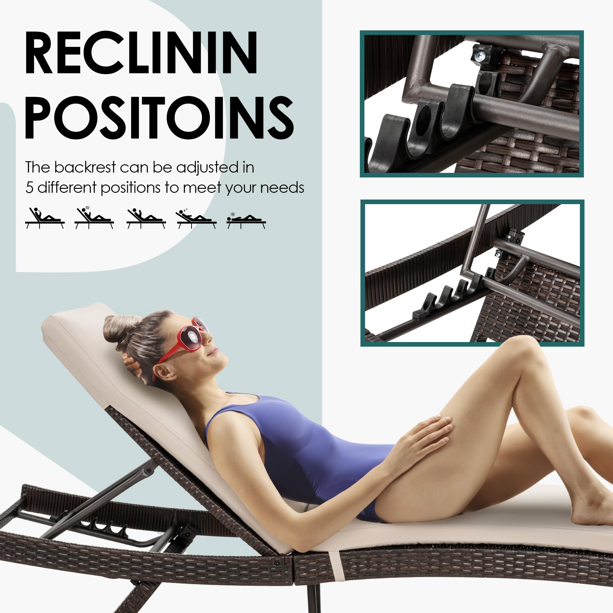 Pamapic Patio Chaise Lounge Set 6 Pieces,Patio Lounge Chair with Adjustable Backrest and Removable Cushion, Outdoor Pool Lounge Chair Set for Patio Poolside Backyard Porch
