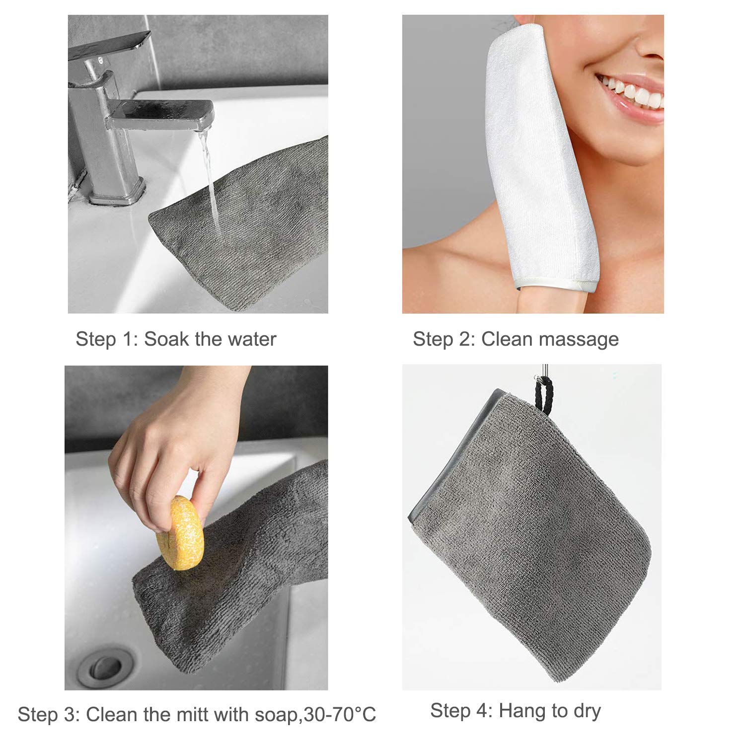 PHOGARY 10 Pack Microfiber Body Wash Mitts, Soft Face Mitten, Bath Spa Cloth, Reusable Makeup Remover Mitt Gloves, European Style Wash Cloth, 6×8 inch, White and Grey