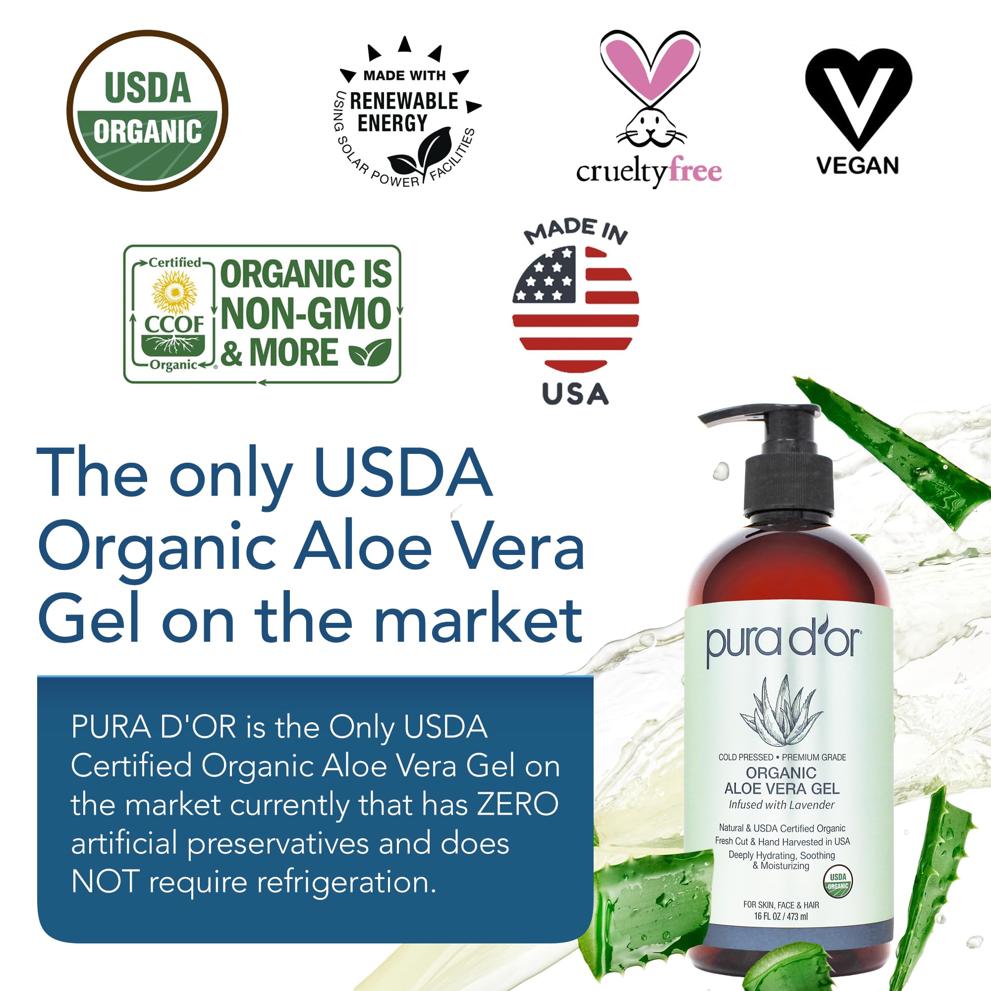 PURA D'OR 16 Oz ORGANIC Aloe Vera Gel - Lavender - All Natural - ZERO Artificial Preservatives - Deeply Hydrating & Moisturizing - Sunburn, Bug Bites, Rashes, Small Cuts, Eczema Relief - Skin & Hair