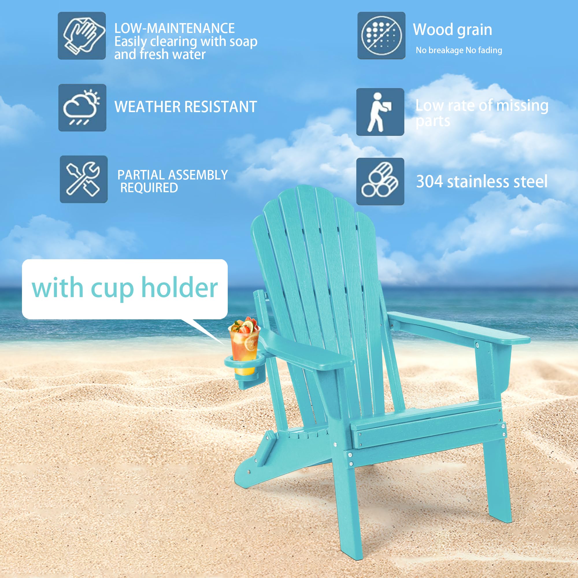 Plawdlik Folding Adirondack Chair,SGS Tested,Wooden Textured with Cup Holder,Widened Heavy All-Weather HDPE Comfortable Seating for Ourdoor Gery